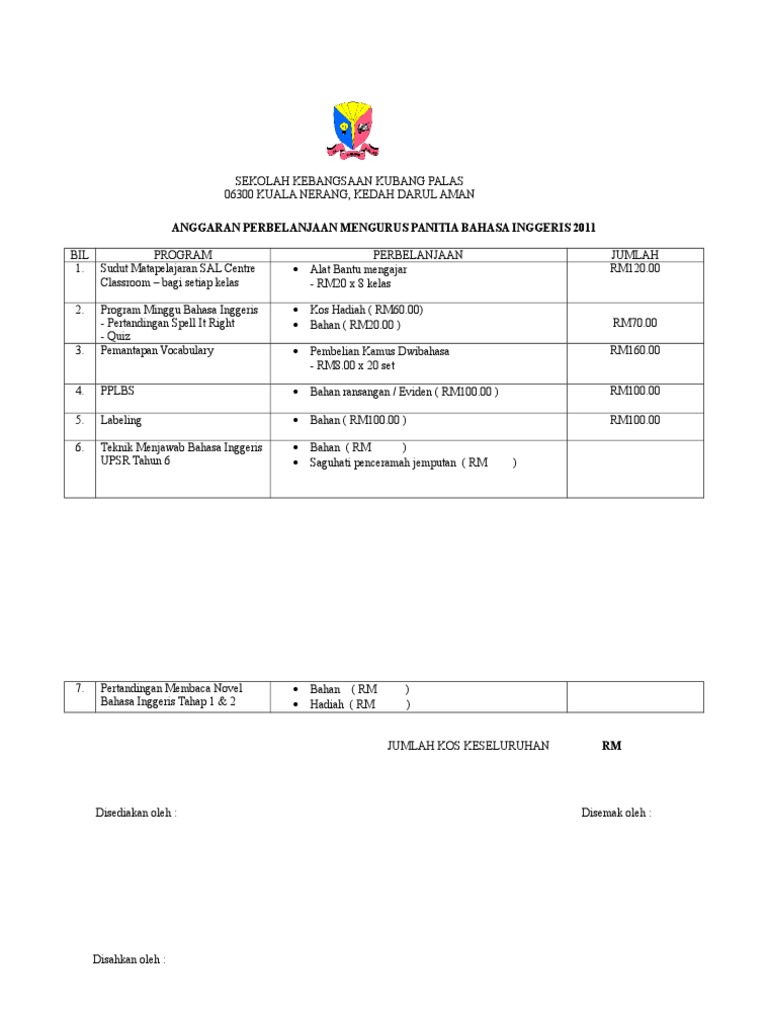 Anggaran Perbelanjaan Mengurus Panitia Bahasa Inggeris 2011 | PDF