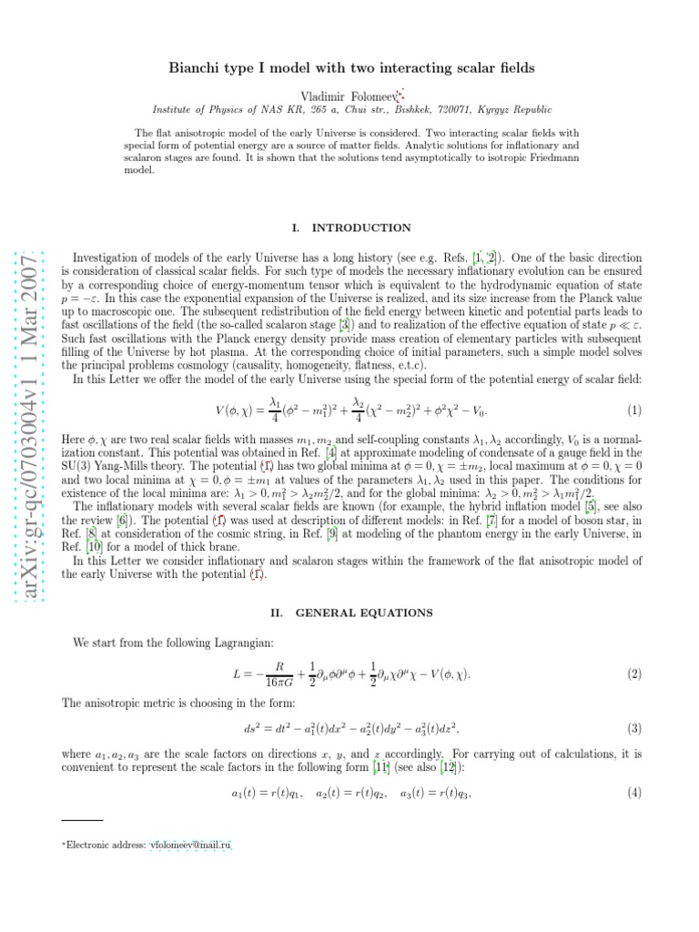 Bianchi Type I Model With Two Interacting Scalar Fields | PDF ...