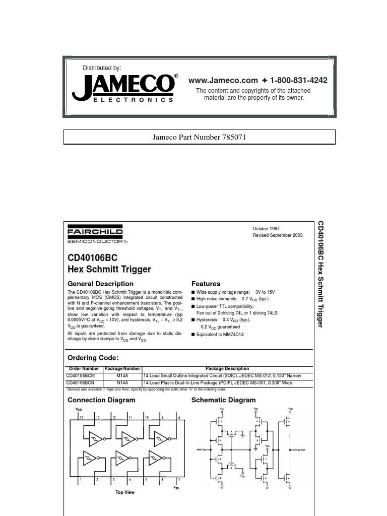 National Semiconductor CD40106BCN Datasheet | PDF | Cmos | Electronic ...