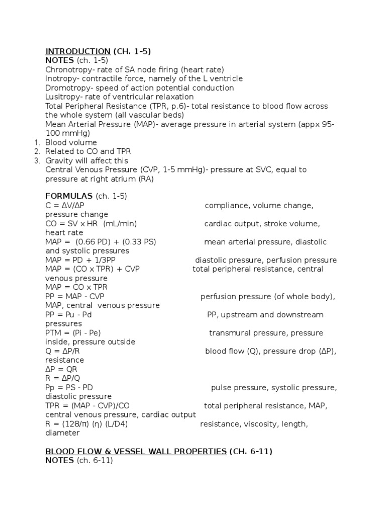 Exam 2 Physiology - Formulas | PDF | Blood Pressure | Shear Stress