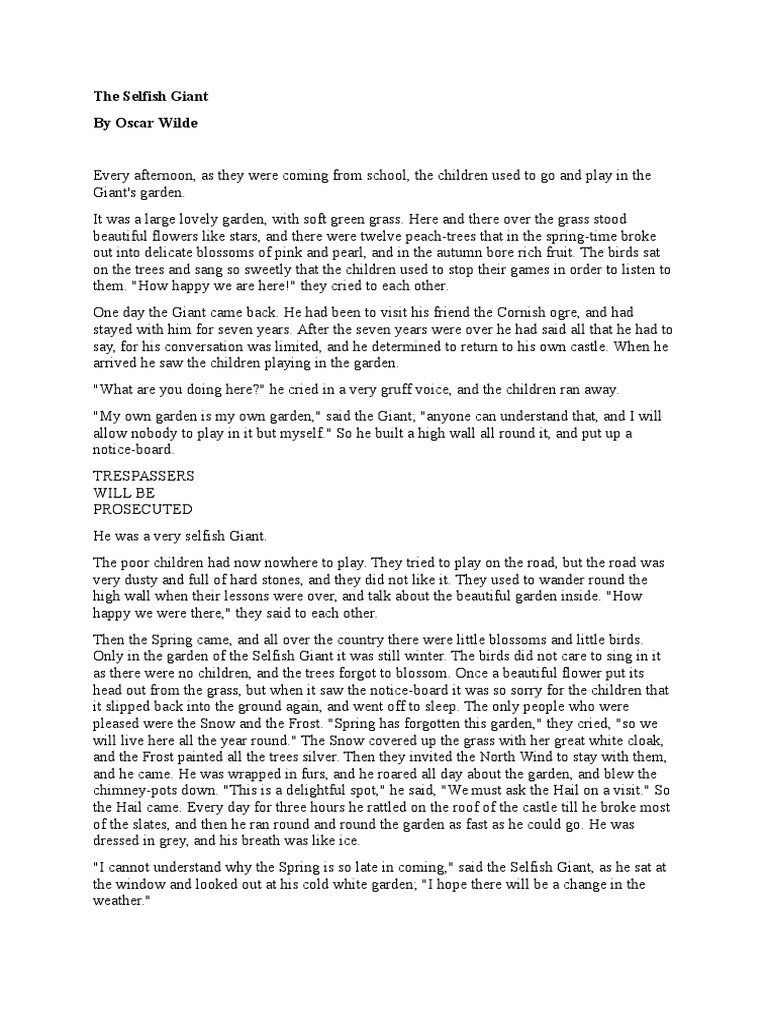 The Selfish Giant by Oscar Wilde | PDF