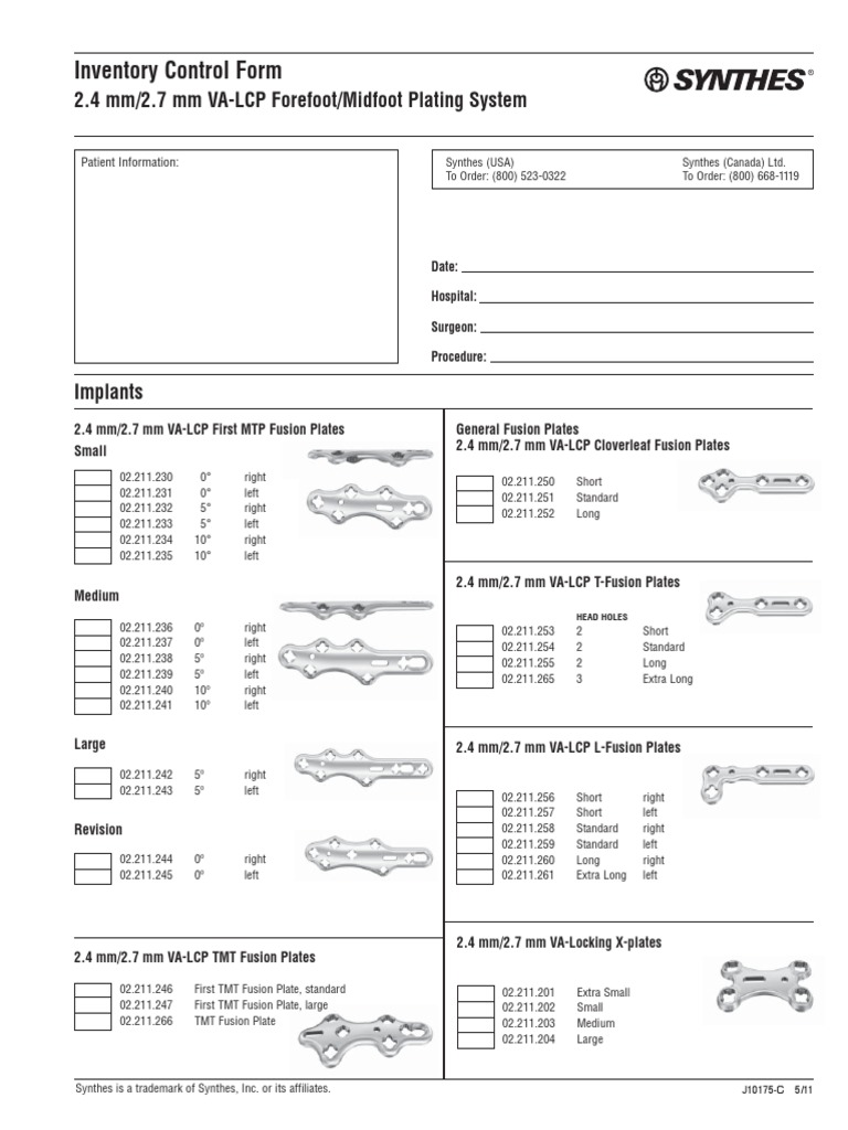 Synthes Foot & Midfoot Inventory Form | PDF | Tools | Manufactured Goods