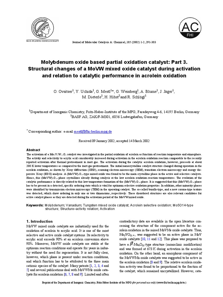 Molybdenum Oxide Based Partial Oxidation Catalyst: Part 3. Structural ...