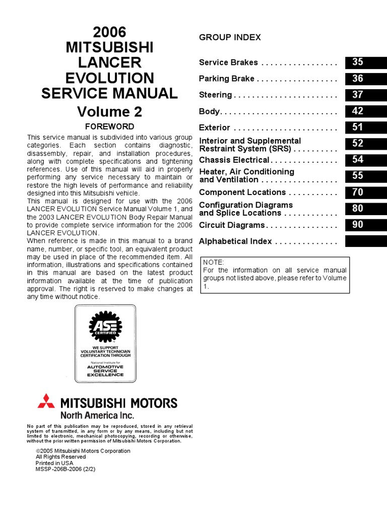 2006 Mitsubishi Lancer Evolution Service Manual: Group Index | PDF ...