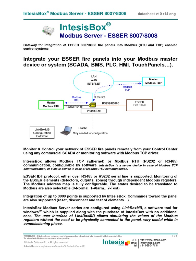 IntesisBox Modbus Server ESSER Datasheet Eng | PDF | Scada | Gateway ...