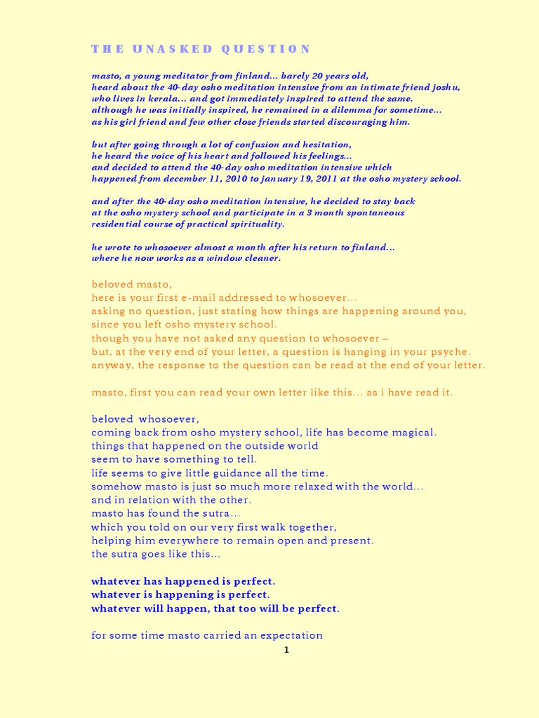 The Unasked Question | PDF | Rajneesh | Meditation