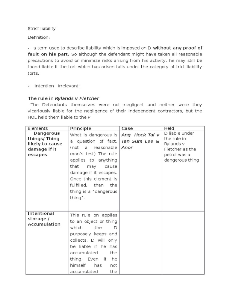 Strict Liability Table | PDF | Strict Liability | Negligence