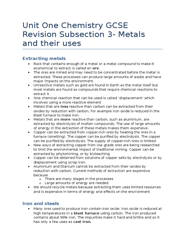 Unit One Cshemistry GCSE Revision Subsection 3-Metals and Their Uses ...