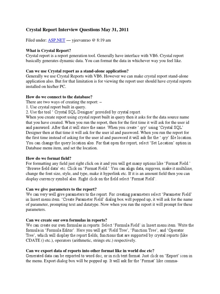 Crystal Report Interview | PDF | Sql | Databases