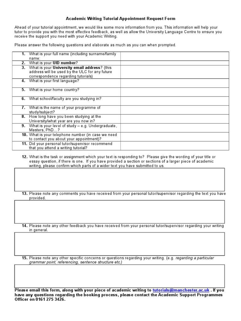Academic Writing Tutorial Request Form | PDF