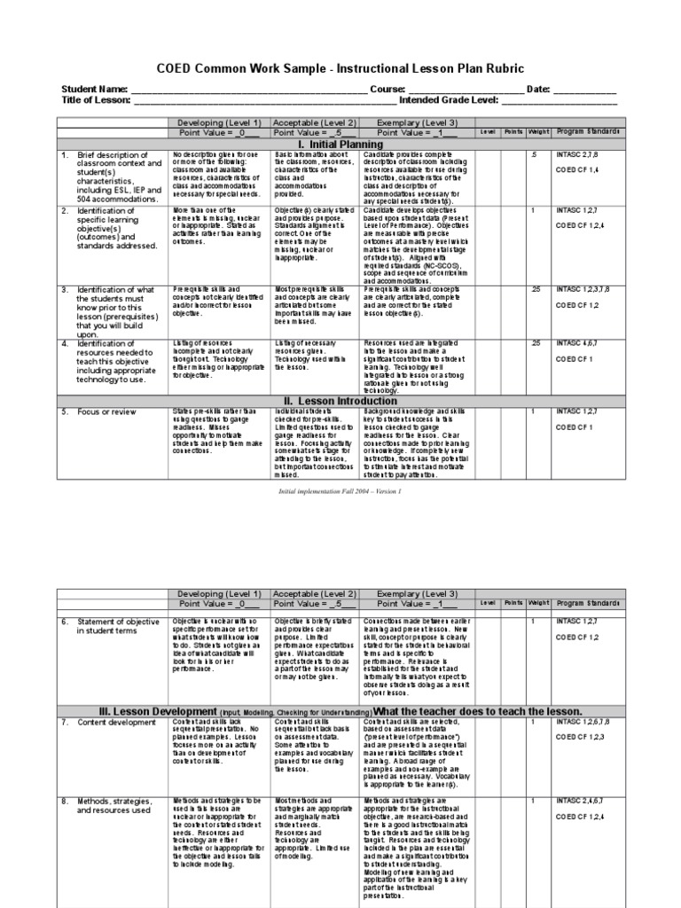 Instructional Lesson Plan Rubric | PDF | Special Education | Evaluation