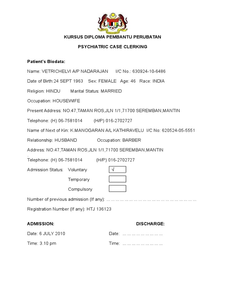CASE CLERKING Format - Psychiatry AYuni | PDF