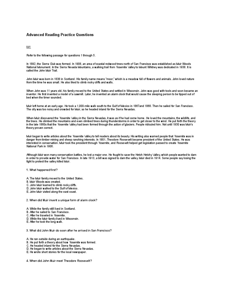 Advanced Reading Practice Questions | PDF | John Muir | Charles Lindbergh