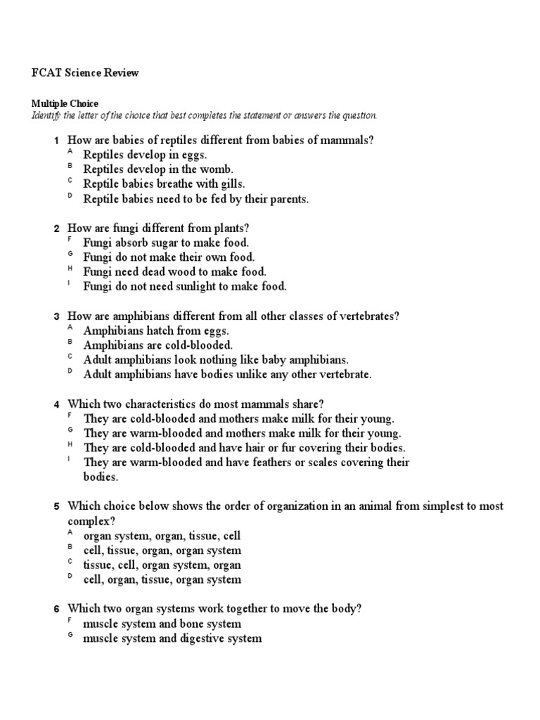 FCAT Science Review: Multiple Choice | PDF