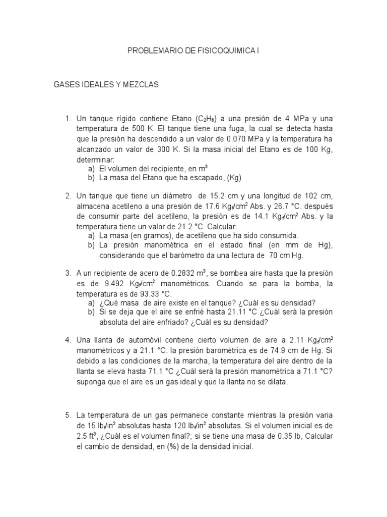 Problemario de Fisicoquimica I Gases Ideales y Mezclas | PDF | Gases | Presión