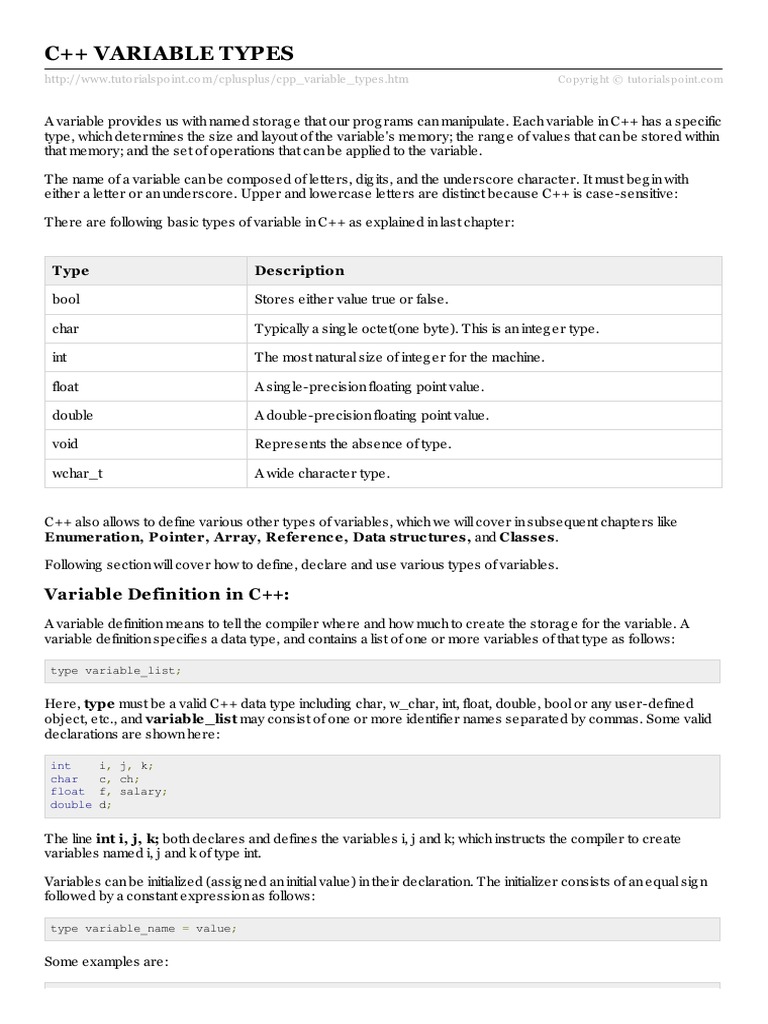 CPP Variable Types | PDF | Data Type | Variable (Computer Science)