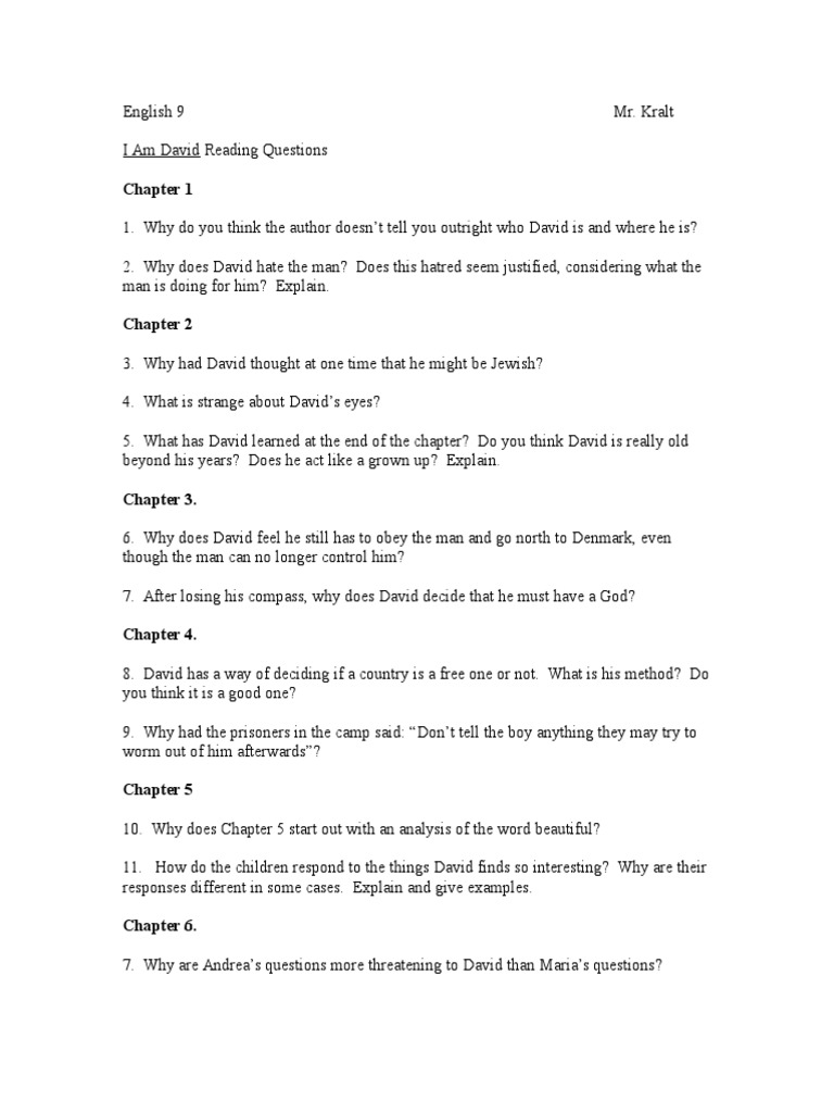 01 I Am David Unit English 9 Chapter Questions and Vocabulary Words | PDF