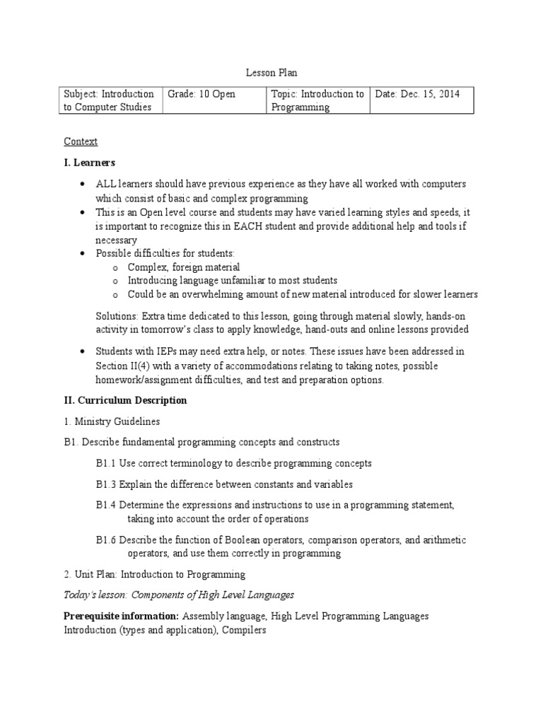 Lesson Plan Ics20 | PDF | Computer Programming | Lesson Plan