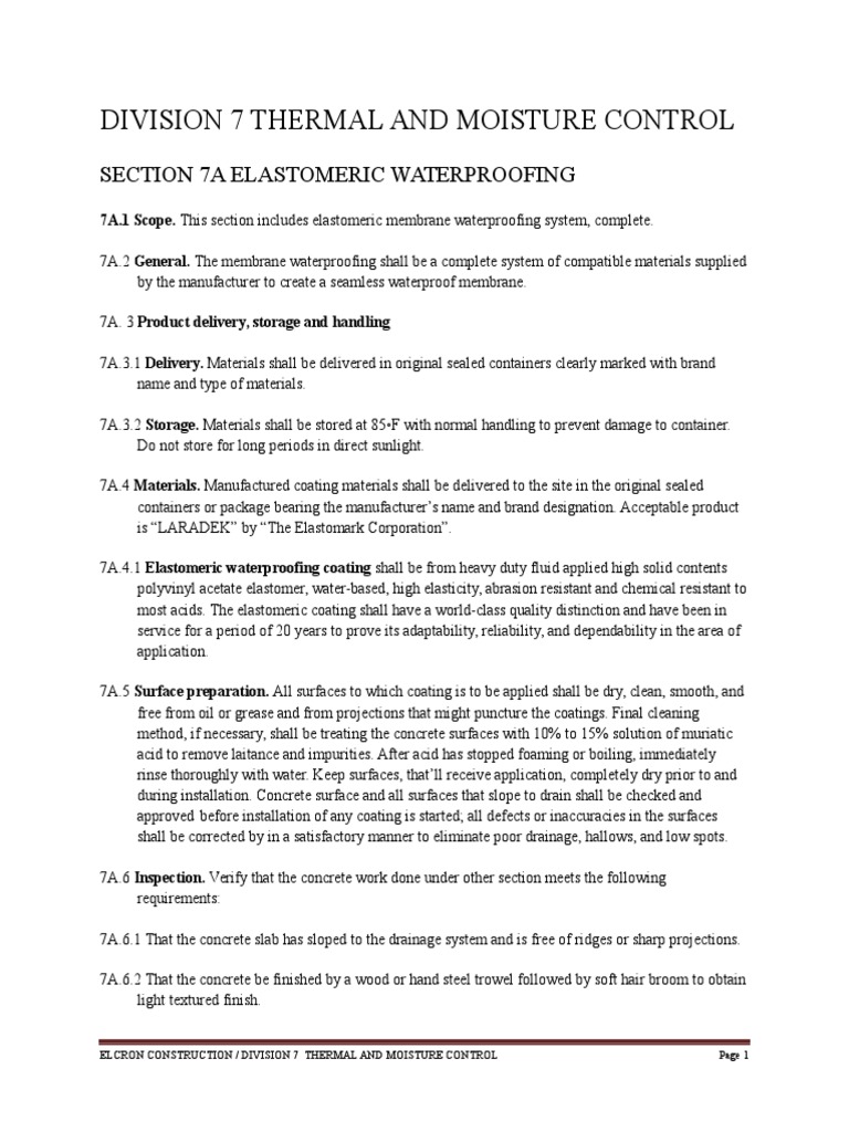 Division 7 Waterproofing Specifications | PDF | Concrete | Industries