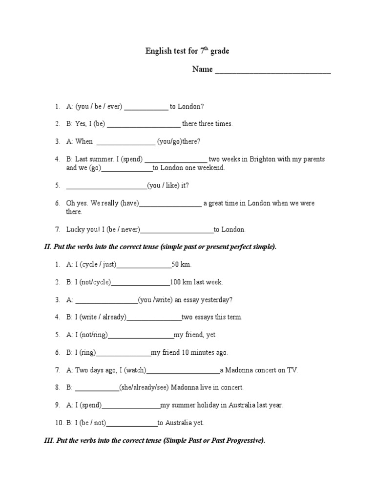 English Test For 7th Grade | PDF