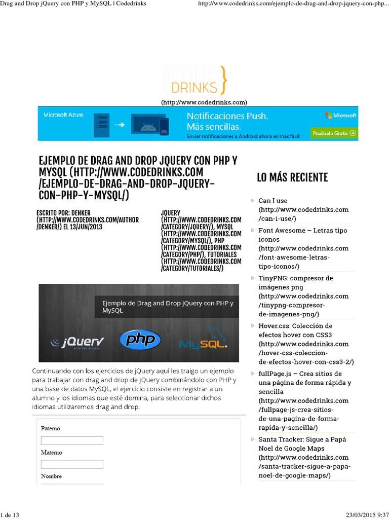 Drag And Drop Jquery Con Php Y Mysql Codedrinks Pdf Software De La Aplicacion 