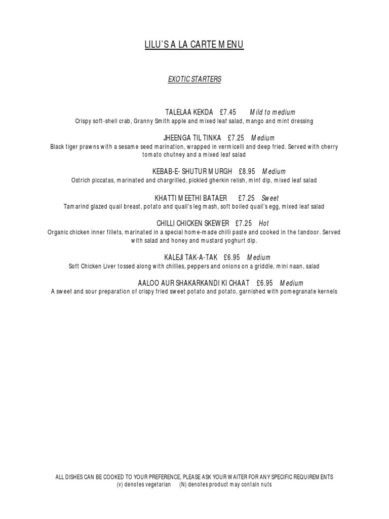 Lilu'S A La Carte Menu: Exotic Starters | PDF | Kebab | Curry