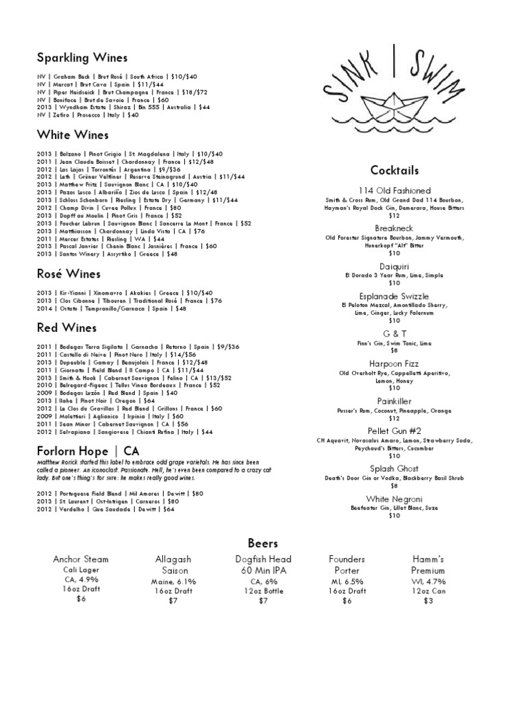 Sink Swim Opening Bev Menu | PDF