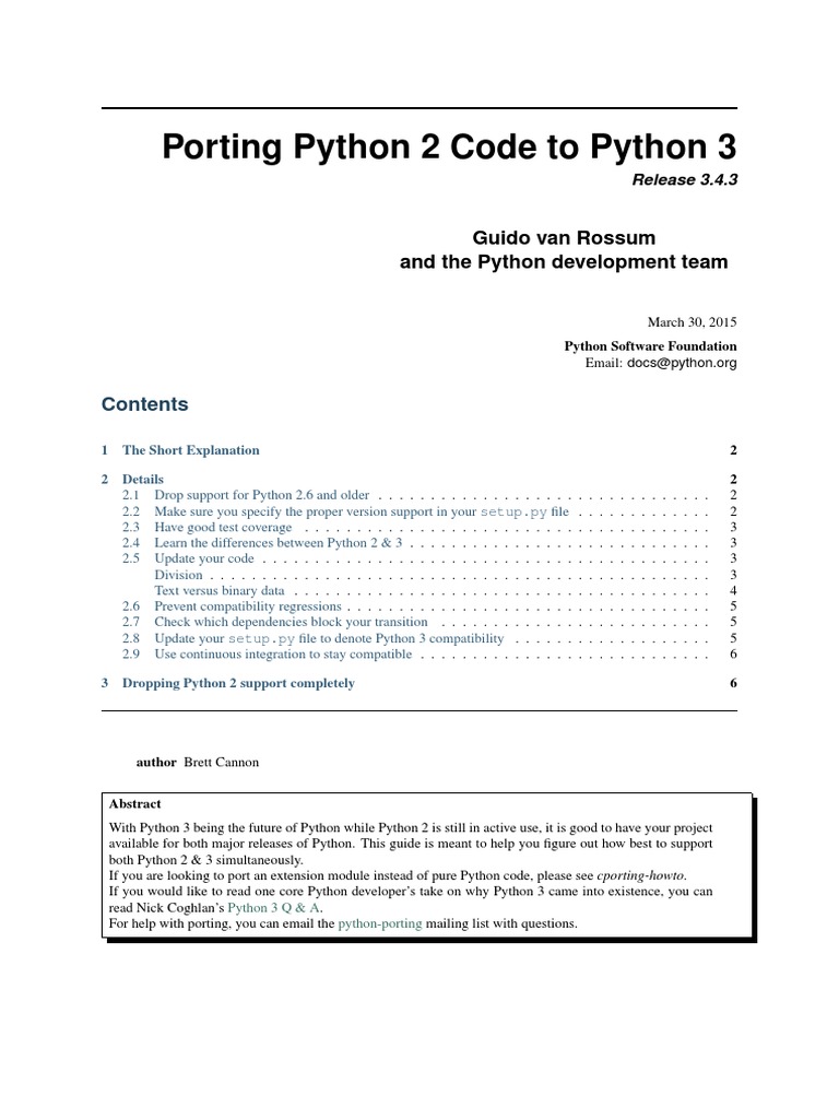 Porting Python 2 Code To Python 3: Guido Van Rossum and The Python Development Team | PDF ...
