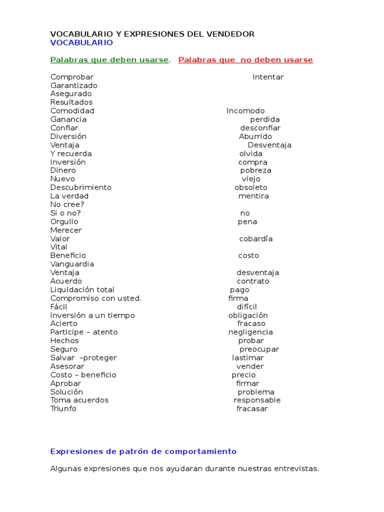 Vocabulario y Estrategias de Ventas | PDF | Cliente | Calidad (comercial)