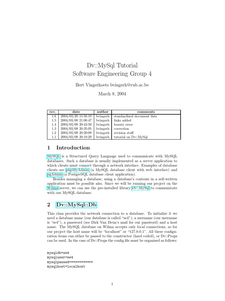 Dv::Mysql Tutorial Software Engineering Group 4: Bert Vingerhoets ...