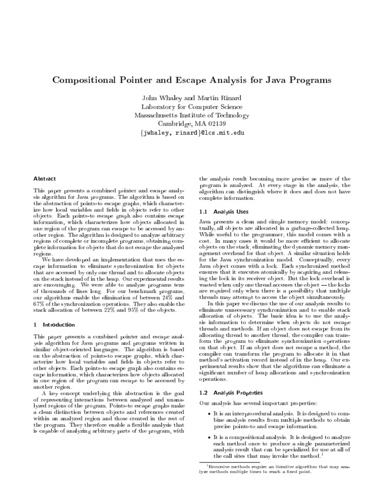 Compositional Pointer and Escape Analysis For Java Programs | PDF ...