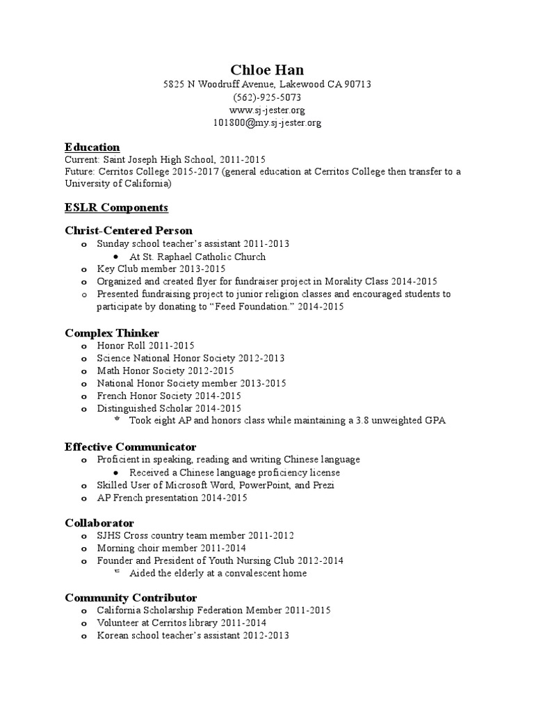 Chloe Han's ESLR Achievements | PDF