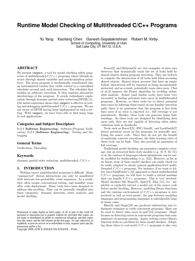 Runtime Model Checking of Multithreaded C/C++ Programs: Yu Yang Xiaofang Chen Ganesh ...