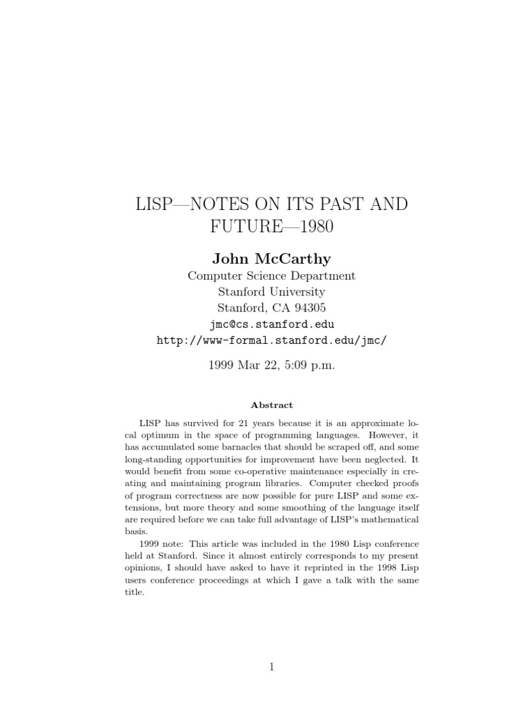 Lisp Notes On Its Past And Future 1980 John Mccarthy Pdf 2555