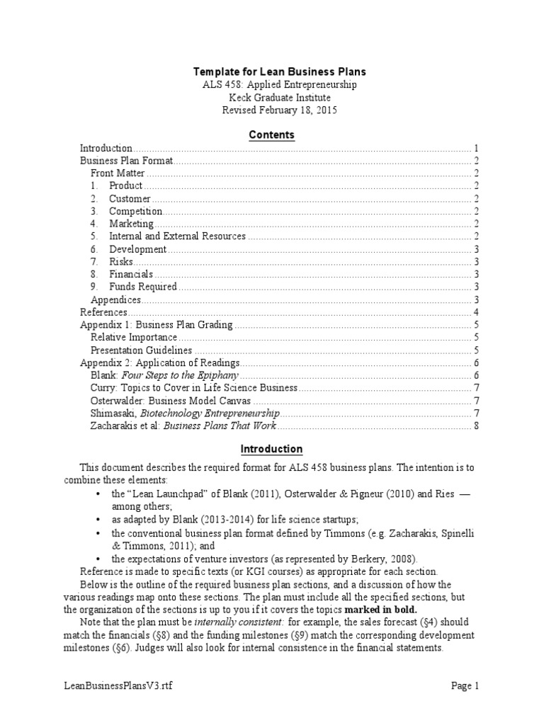 Lean Business Plans | PDF | Business Plan | Entrepreneurship