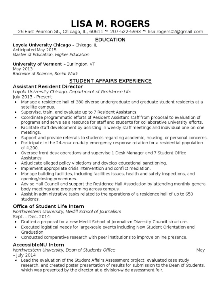 Lisa Rogers: Student Affairs Resume | PDF | Academia | Cognition