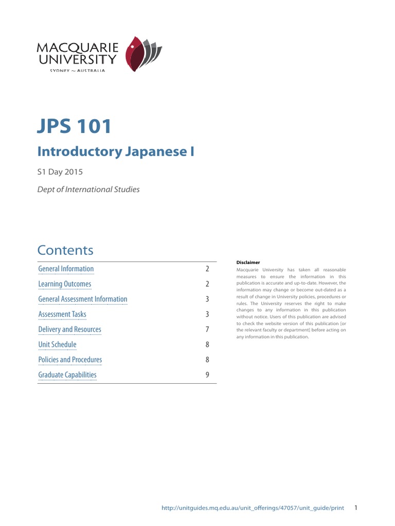 Unit Guide JPS 101 2015 S1 Day | PDF | Conversation | Educational ...