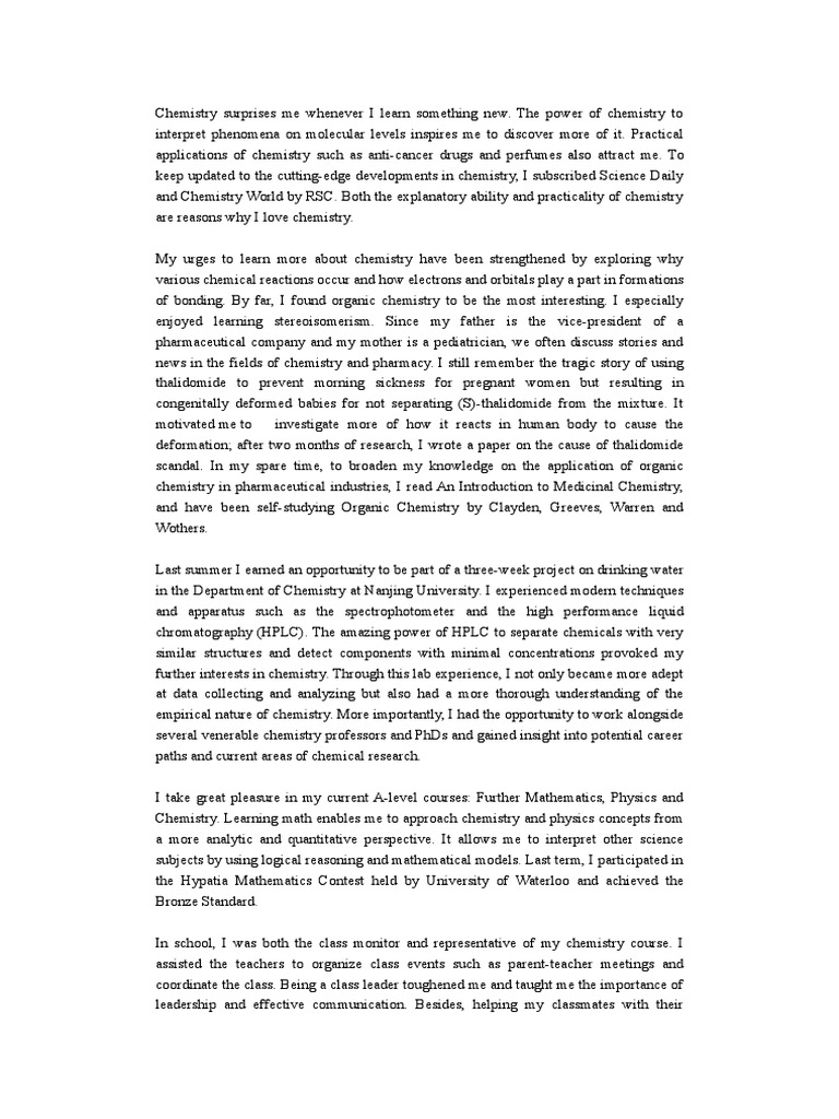 Personal Statement (Sample) | PDF | Chemistry | Science
