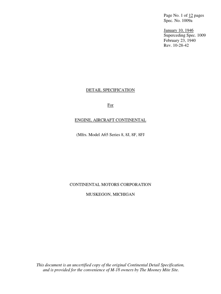 Continental A65 Aircraft Engine Specs | PDF | Carburetor | Fuel Injection