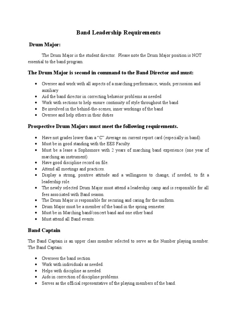 Band Leadership Roles and Requirements | PDF