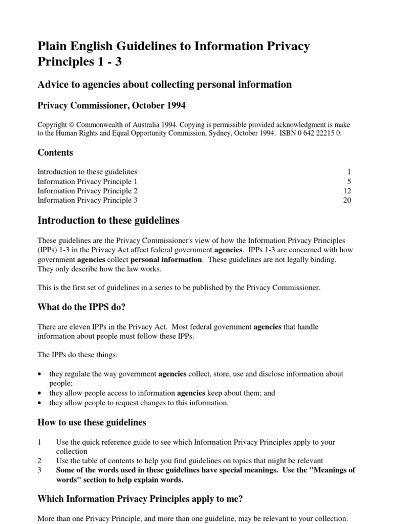 Information Privacy Principles 1 - 3 October 1994 | PDF | Privacy ...