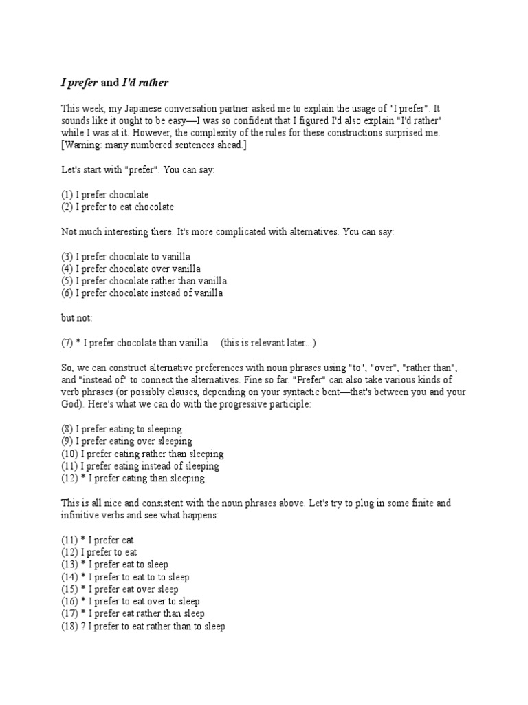 Understanding "Prefer" and "Rather" Usage | PDF | Phrase | Verb