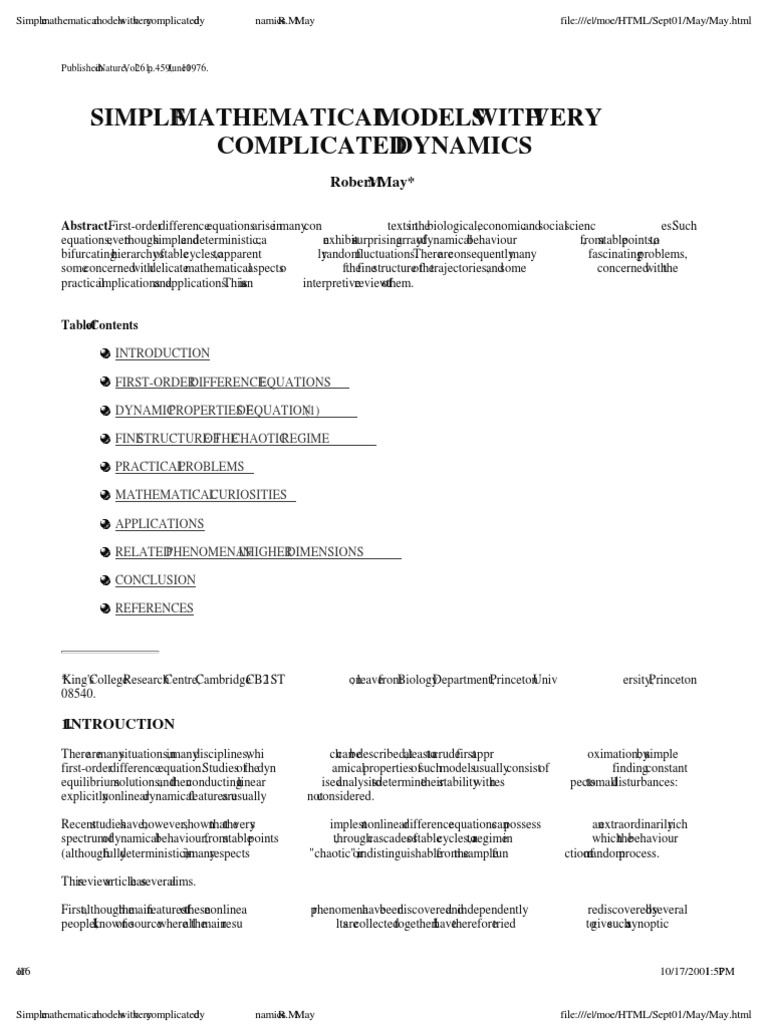 Simple Mathematical Models With Very Complicated Dynamics: Robert M ...