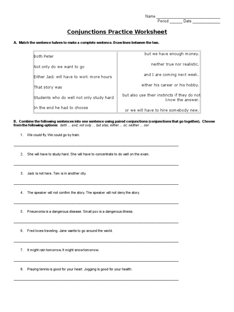 Conjunction Worksheets | PDF | Language Arts & Discipline | Teaching ...