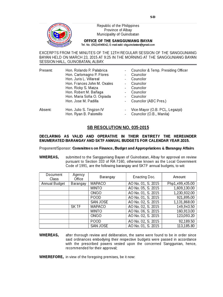 035-2015 SB Res. - Barangay Annual Budget | Virtue | Public Law