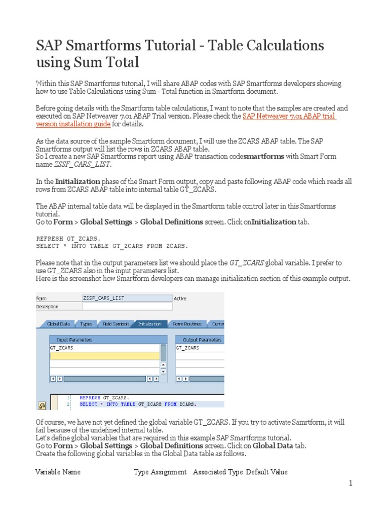 Sap Smartforms Tutorial Table Calculations Using Sum Total Pdf Computer Engineering 7090