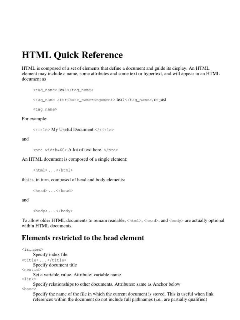 HTML Quick Reference: Elements Restricted To The Head Element | PDF | Html | Html Element