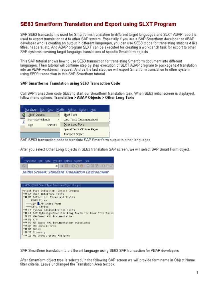 SE63 Smartform Translation and Export Using SLXT Program | PDF | Communication | Software