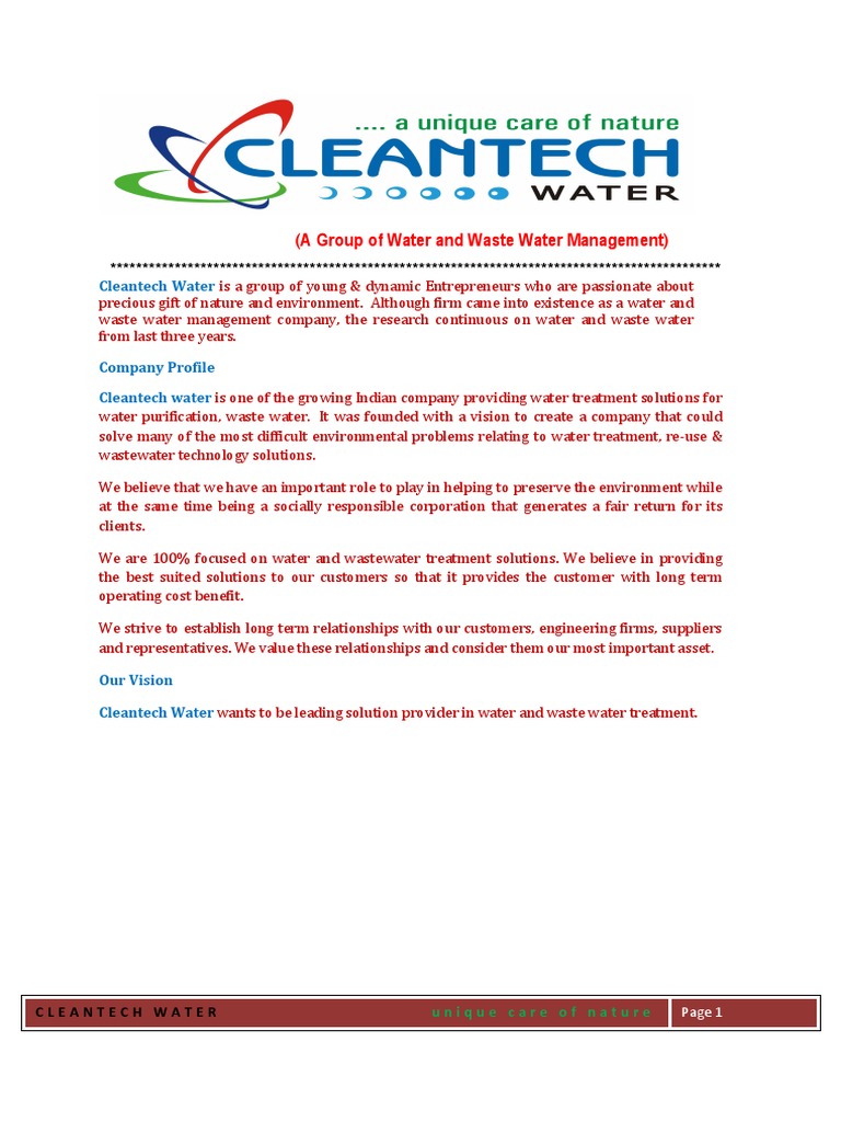 Cleantech Company Profile | PDF | Wastewater | Sewage Treatment