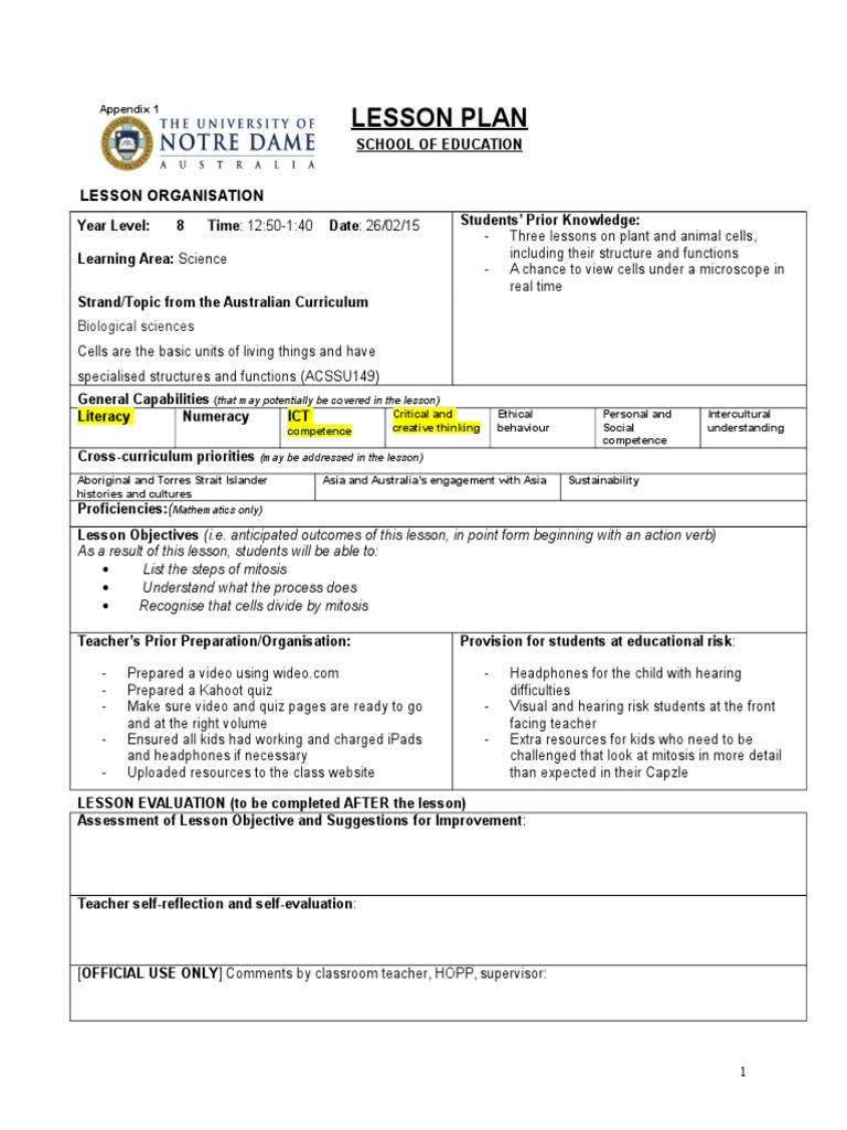 Mitosis Lesson Plan | PDF | Lesson Plan | Educational Assessment